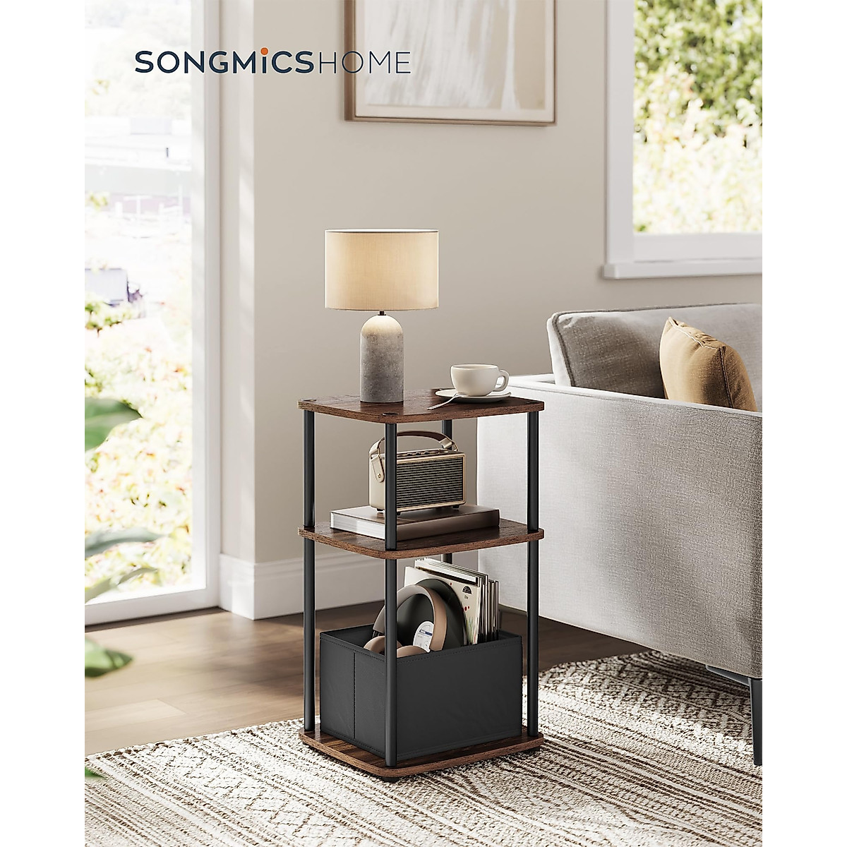 SONGMICS HOME Side Table, Nightstand, End Table with 3 Storage Shelves, Fabric Basket, for Bedroom, Living Room, Steel Frame, 11.8 x 13.4 x 22.8 Inches, Industrial, Ebony Walnut ULET286K01