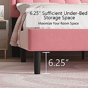 UNIZONE Full Upholstered Bed Frame with Headboard, Tufted Platform Bed with Button Headboard, Wood Slats Support, Mattress Foundation, No Box Spring Needed, Easy Assembly, Modern, Velvet, Pink