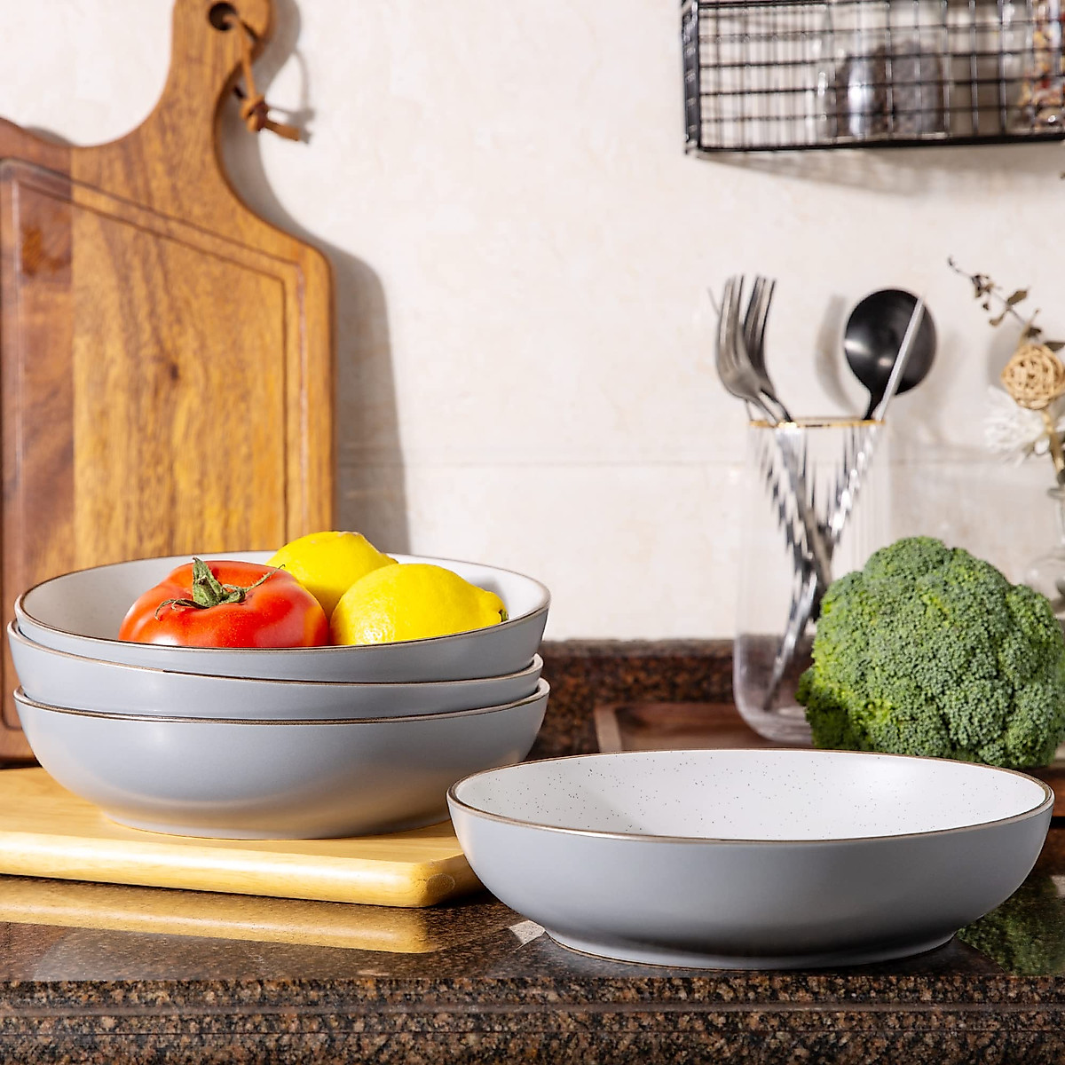 AmorArc 8.5'' Stoneware Pasta Bowls, 32oz Large Speckled Bowls Set of 4 for Kitchen, Wide & Flat Bowls for Pasta,Salad,Oatmeal, Microwave&Dishwasher Safe, Matte Gray