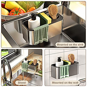 CENPIN Sponge Holder for Kitchen Sink, Sink Organizer Caddy, Dish Brush Holder, Stainless Steel Never Rust, Kitchen Essentials Sink Accessories with Adhesive Installation No Drilling - Silver