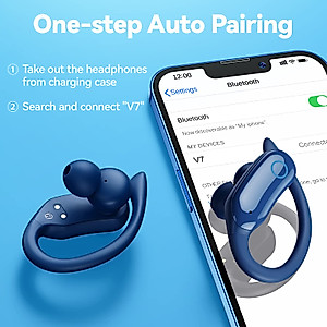 GNMN Bluetooth Headphones Wireless Earbuds 80hrs Playback IPX7 Waterproof Ear Buds Over-Ear Stereo Bass Earphones with Earhooks Microphone LED Battery Display for Sports/Workout/Gym/Running Blue