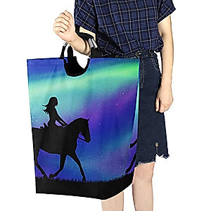 N/ A Collapsible Laudry Basket Large Foldable Laundry Hamper - Girl On Running Horse Northern Lights Starry Sky Bathroom Clothes Bag Waterproof Washing Bin