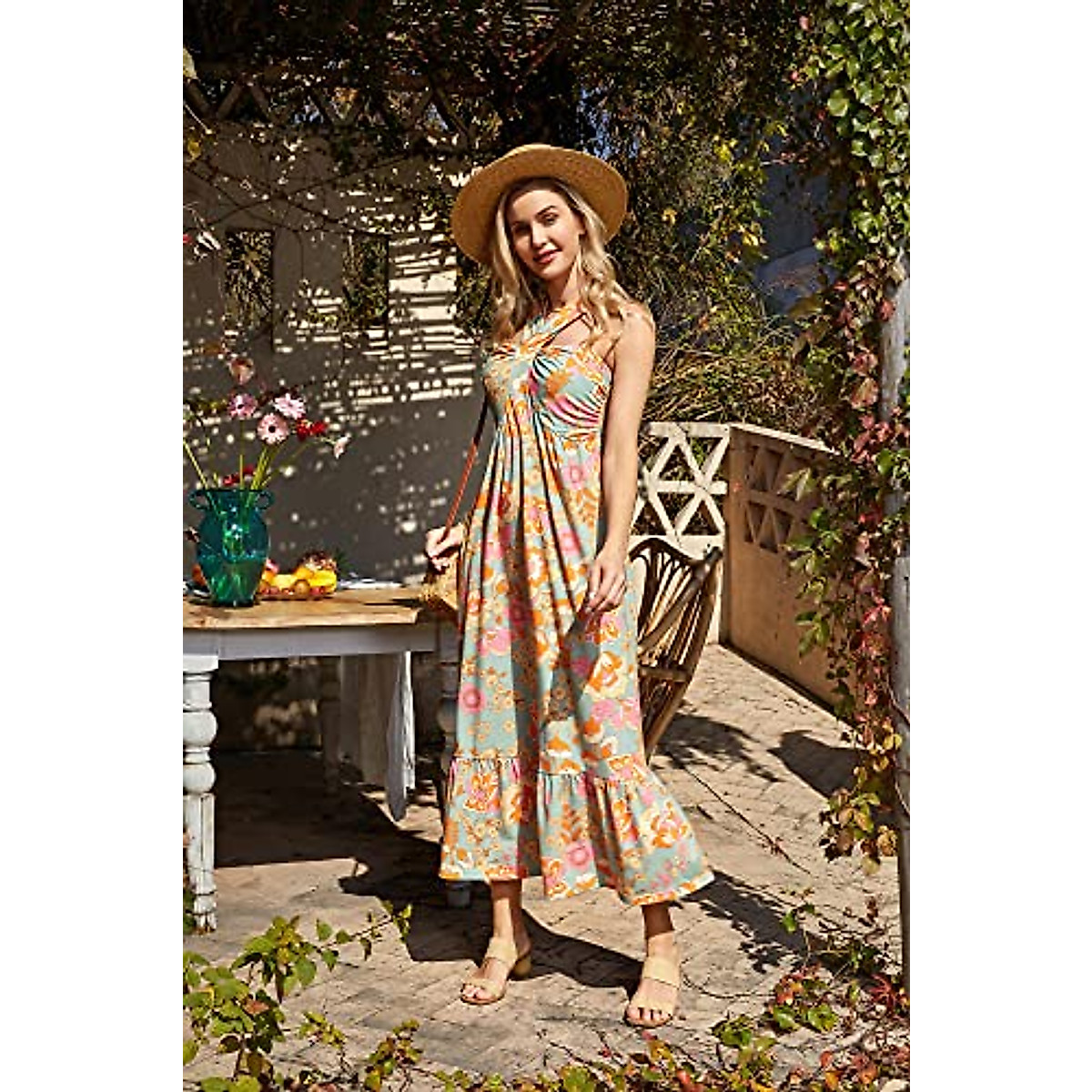 2023 Women's Halter Neck Floral Sleeveless Summer Dresses for Beach Greygreen L