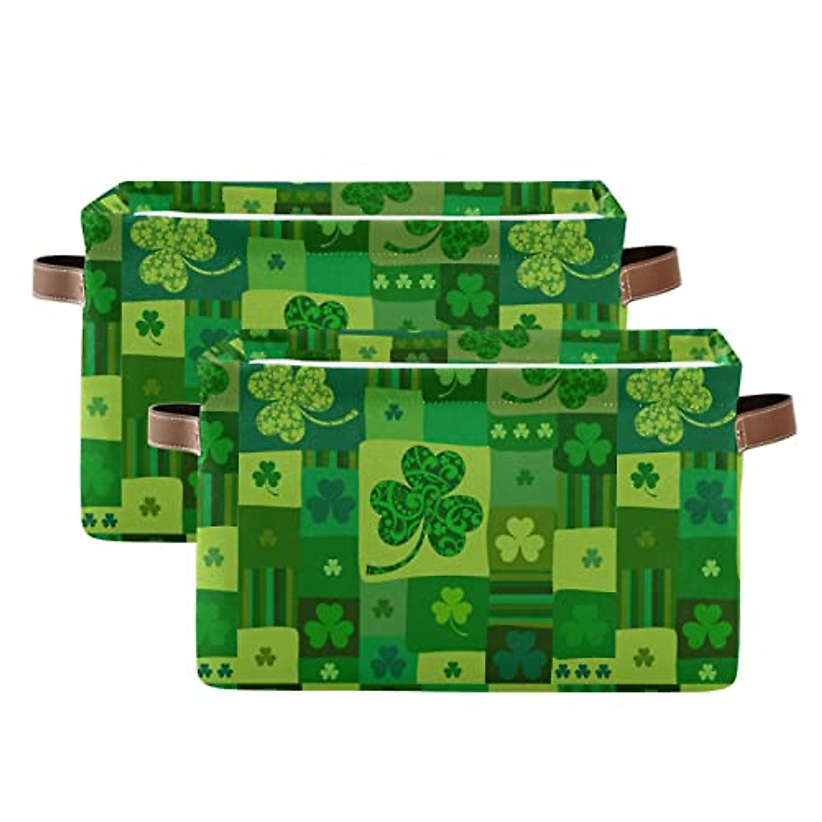 ALAZA Happy St.Patrick's Day Clover Leaf Plaid Foldable Storage Box Storage Basket Organizer Bins with Handles for Shelf Closet Living Room Bedroom Home Office 2 Pack