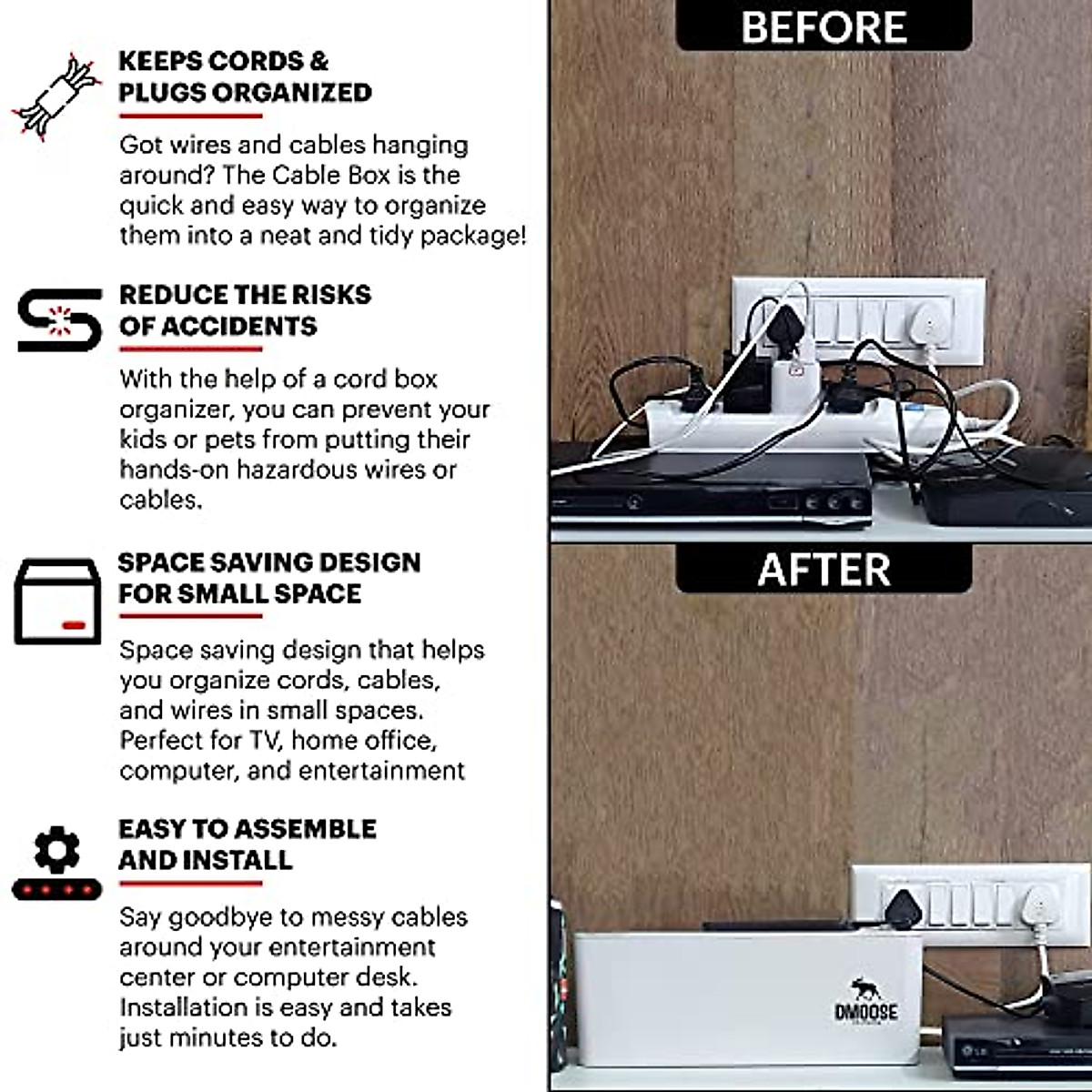 DMoose Large Cable Management Box - Cord Organizer Box to Hide Power Strips - Cable Organizer Box for Surge Protector - Safe ABS Material - 15.7" (L) x 6.1" (W) 5.3" (H) – XL (White)