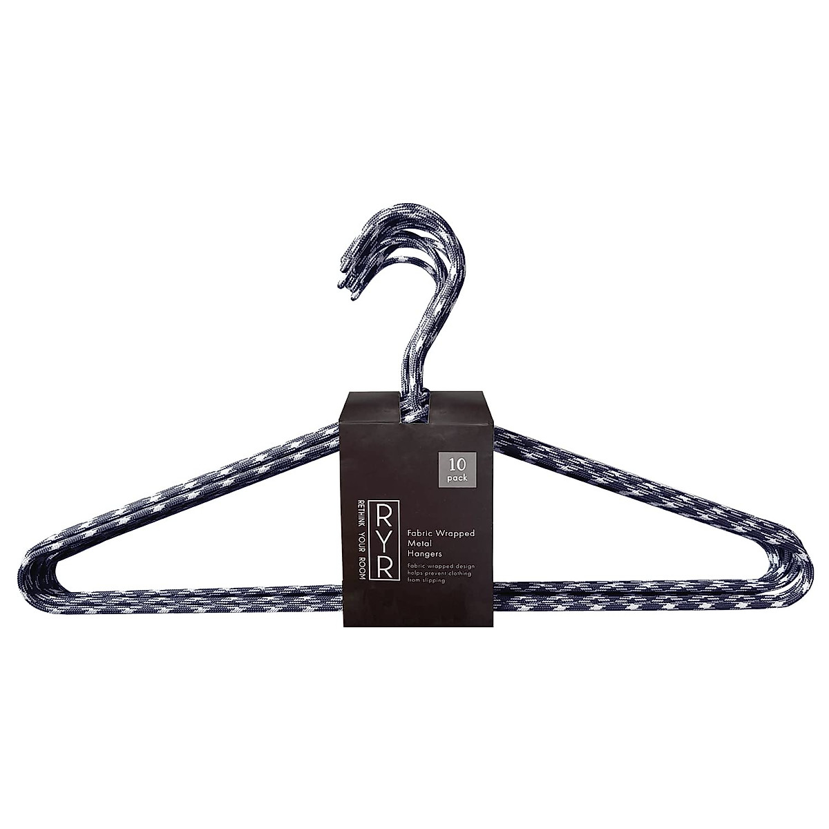 Rethink Your Room Clothes Hangers 10 Pack Stylish Fabric Wrapped Metal, Space Saving Coat, Velvet, Pant Hangers for Closet Organization, Durable Non-Slip, Navy/White Wardrobe Essentials Bulk Storage