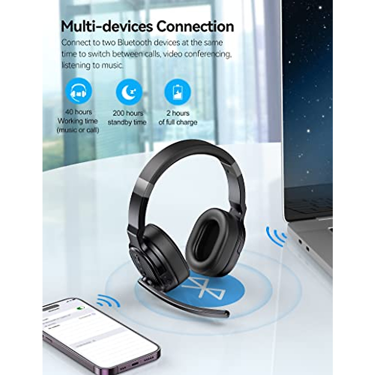 TECKNET Bluetooth Headset, Wireless Bluetooth Trucker Headset with Microphone Noise Cancelling 3 EQ Music Modes, Single and Dual Ear Wireless Headphones for Truck Drivers, Office, Call Centre Work