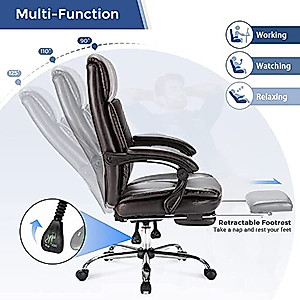 Executive Office Chair, Ergonomic Big and Tall Leather Swivel Rolling Managerial Reclining Computer Desk Task Chair, Adjustable High Back Recliner Chair with Padded Armrests and Retractable Footrest