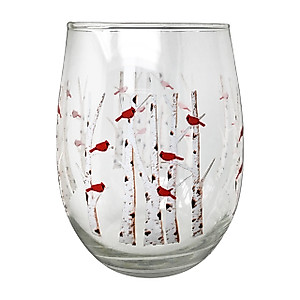 BANBERRY DESIGNS Cardinal Wine Glass - Set of 4 - Stemless Glasses - Cardinals Perched on White Birch Trees - All Occasion - Approximately 4 3/4" H 20 oz