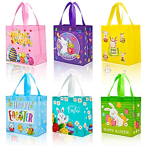 6Pcs Easter Non-woven Bags with Handle, Happy Easter Gift Bags for Kids, Treat Bags Rabbit Bunny, Reusable Easter Goodie Bags-Waterproof- for Gifts Wrapping, Egg Hunt Game, Easter Party Supplies