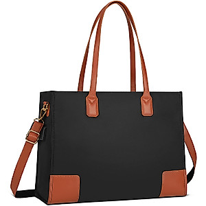 NUBILY Women's Large Black Tote Laptop Bag, 15.6 Inch USB Charging Port, Waterproof Nylon Shoulder Bag