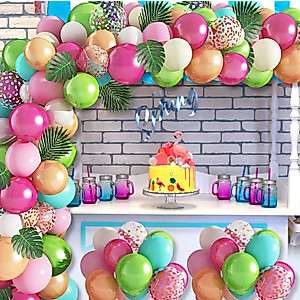 124Pcs Tropical Balloons Arch Garland Kit, Green Hot Pink Rose Gold Confetti Balloons Palm Leaves for Tropical Hawaiian Aloha Luau Flamingo Birthday Party Baby Shower Wedding Decorations