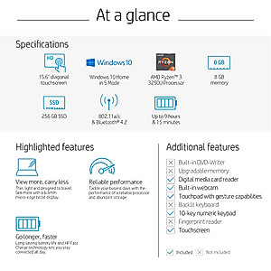 HP LAPTOP 15.6 inchesHD Touch AMD Ryzen 3 3250U 8 256GB SSD 15-ef1020nr (Renewed)