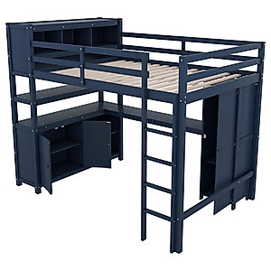 VilroCaz Wood Loft Bed with Built-in Desk and Wardrobe, Modern Full Size Loft Bed Frame with Cabinet and Bookshelf for Kids Teens Adults Bedrooms, Maximize Space (Dark Blue-7.22)