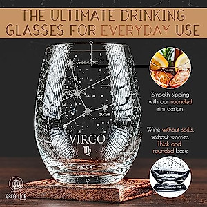 Greenline Goods Virgo Stemless Wine Glass Etched Zodiac Virgo Gift 15 oz (Single Glass) - Astrology Sign Constellation Tumbler