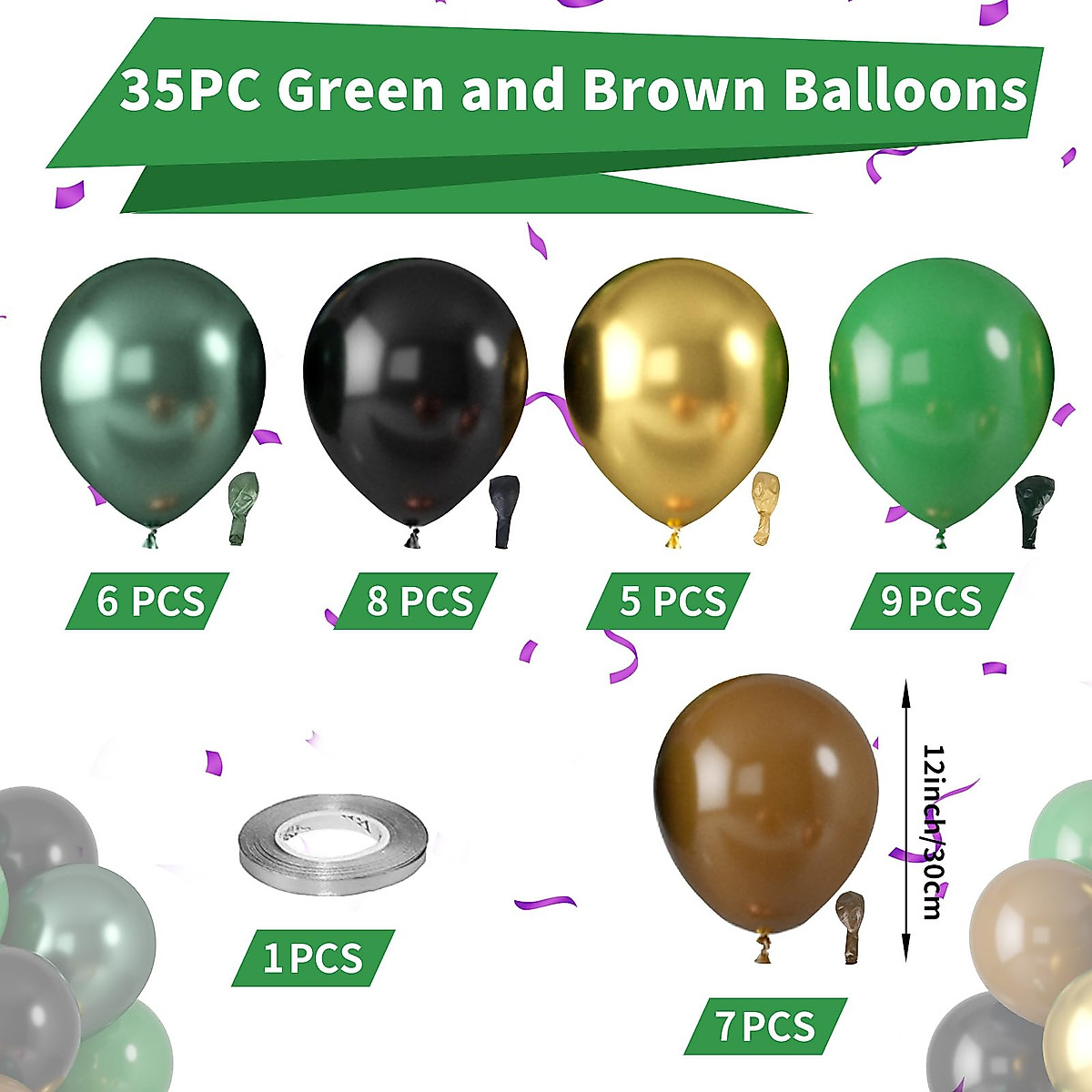 Green and Brown Balloons, Dark Emerald Green Balloon Camouflage Green Black Brown Balloons, Metallic Green Gold Balloons for Camping Game Jungle Theme Camo Birthday Baby Shower Army Party Decorations