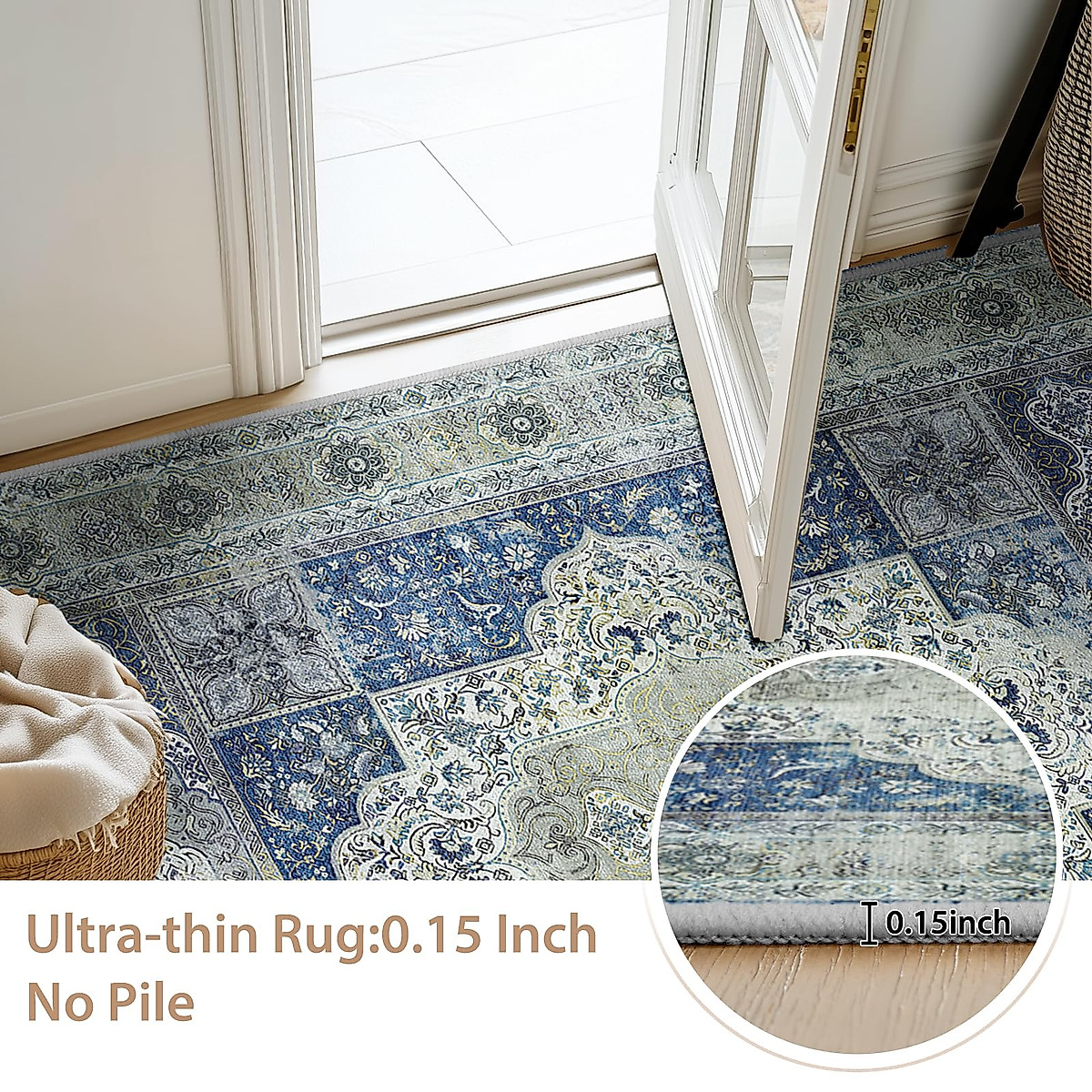 BESTSWEETIE 8x10 Area Rugs Machine Washable No Pile Non Slip Vintage Rugs for Living Room&Bedroom&Dinning Room Bohemian Distressed Carpet Indoor,Blue