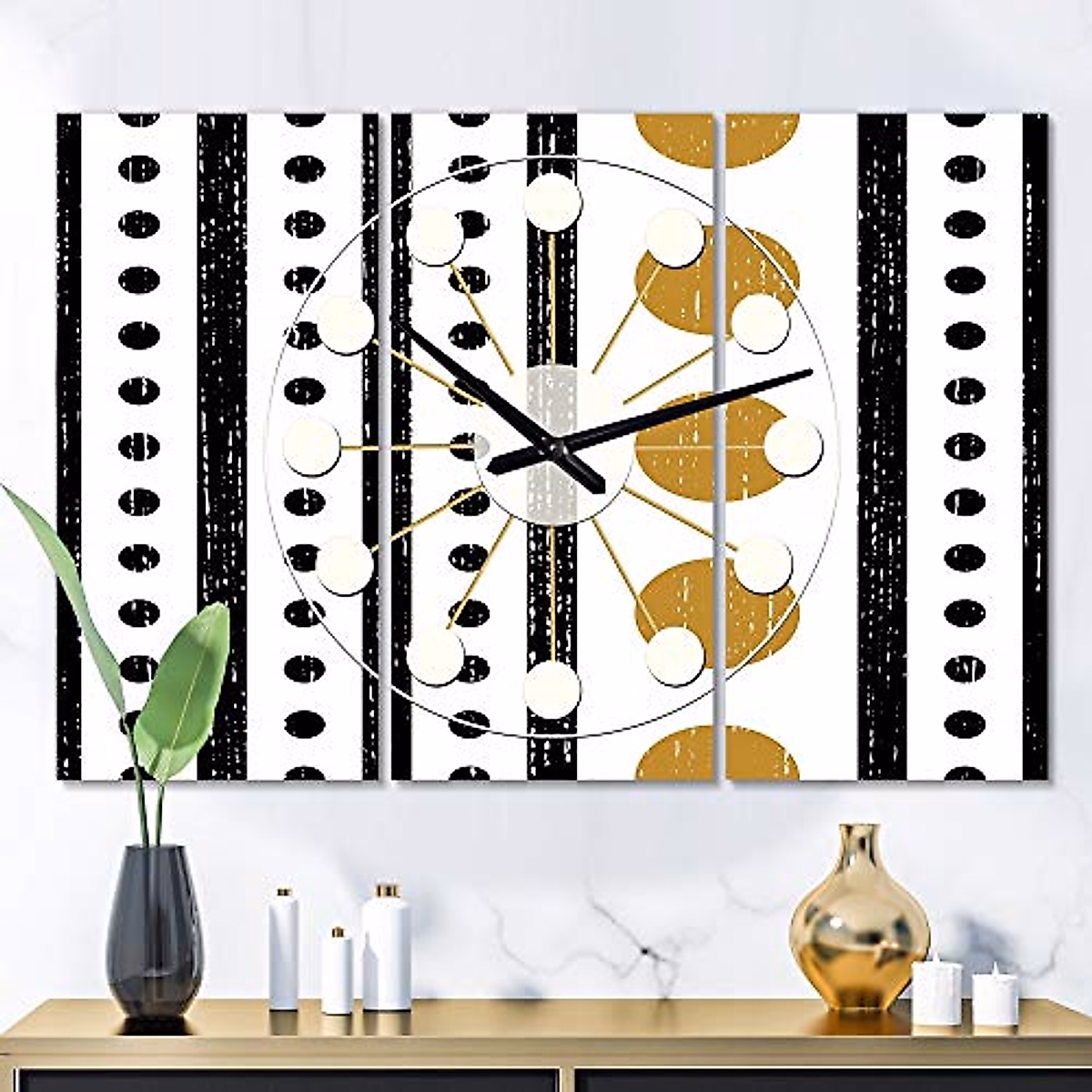 Retro Geometrical Abstract Minimal Pattern VII' Oversized Mid-Century Wall Clock - 3 Panels Black Mid-Century Modern Contemporary Aluminum Steel Finish Battery Included