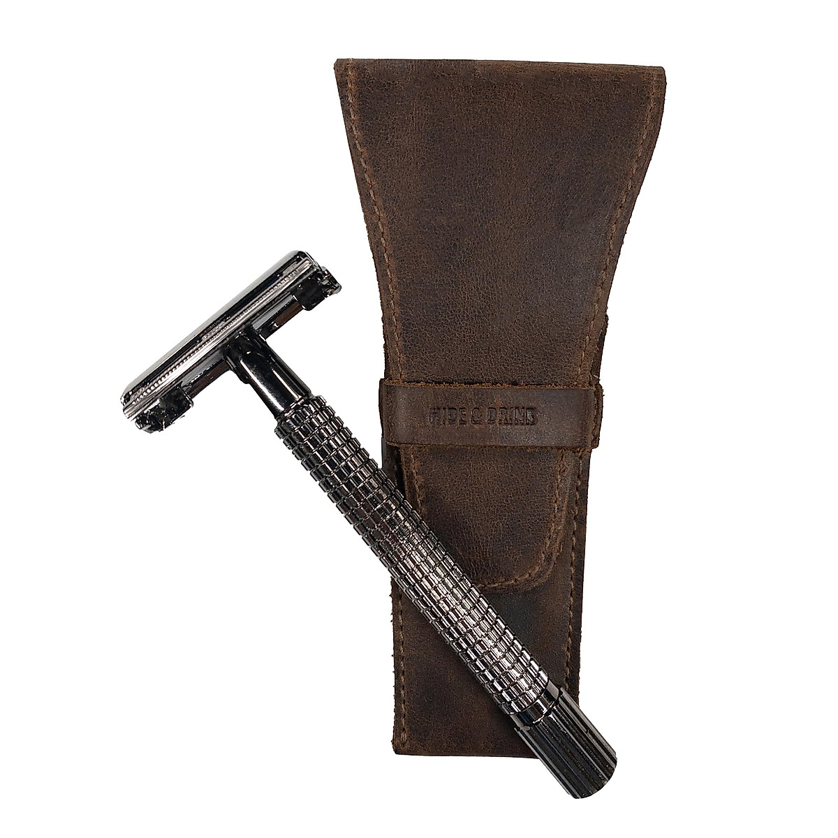 Hide & Drink, Safety Razor Case, Rustic Travel Cover, Shaving Accessories for Men and Women, Personal Care Essentials, Full Grain Leather, Handmade, Bourbon Brown