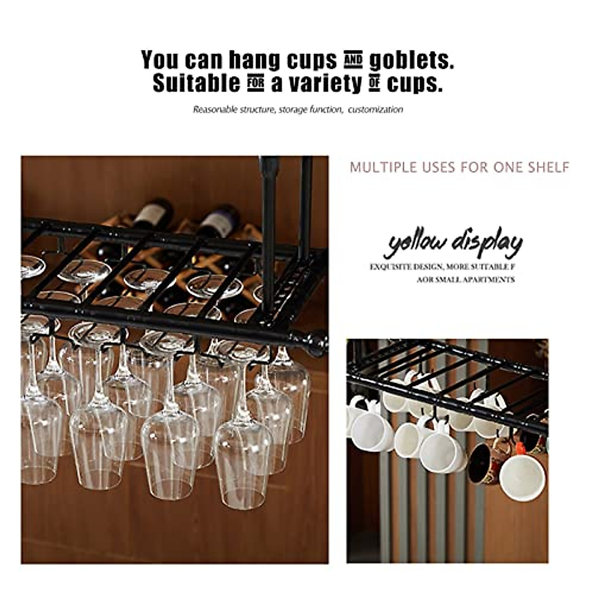 Ceiling Wine Rack, Black Hanging Cup and Glass Goblets Stemware Holder ，Red Wine Bottle Drink Storage Shelf， Bar Restaurant Decorative Display Organizer (Size : 60x30cm)