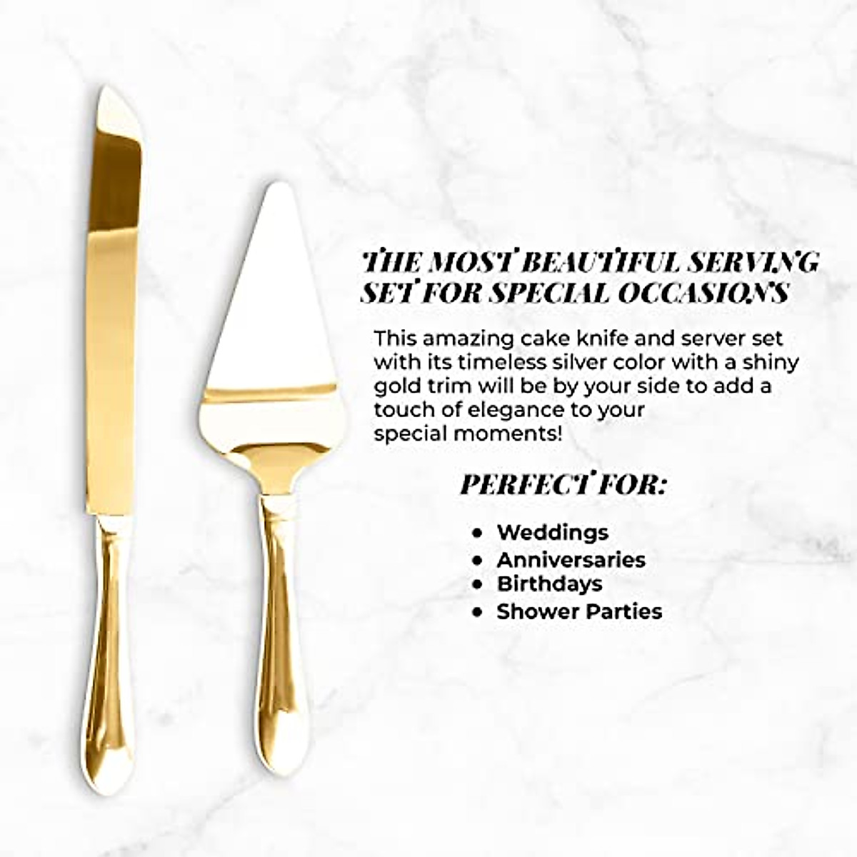 Gold Stainless Steel Cake Serving Set - Cake Knife and Server - Cake Serving Set With Serrated Blade for Easier Cutting - Holidays, Birthdays, Wedding, Anniversary