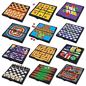 Magnetic Board Game Set by GAMIE - Includes 12 Retro Fun Games - 5" Compact Design - Individually Boxed - Teaches Strategy & Focus - Great for Road Trip/Travel/Camping - Best Gift for Kids Ages 6+