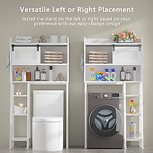 MU Over The Toilet Storage Cabinet with Sliding Door, 32.5" W Free Standing Toilet Shelf Space Saver with 3 Side Hooks & Anti-Tip Design, Space-Saving Toilet Rack for Bathroom, Laundry, White