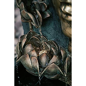 XBrand 30" H Bronze and Natural Grey Polyresin Indoor Outdoor Cascading Lotus Buddha Face Water Fountain w/LED Light, Freestanding, Relaxing Zen Décor for Home Patio Garden Backyard