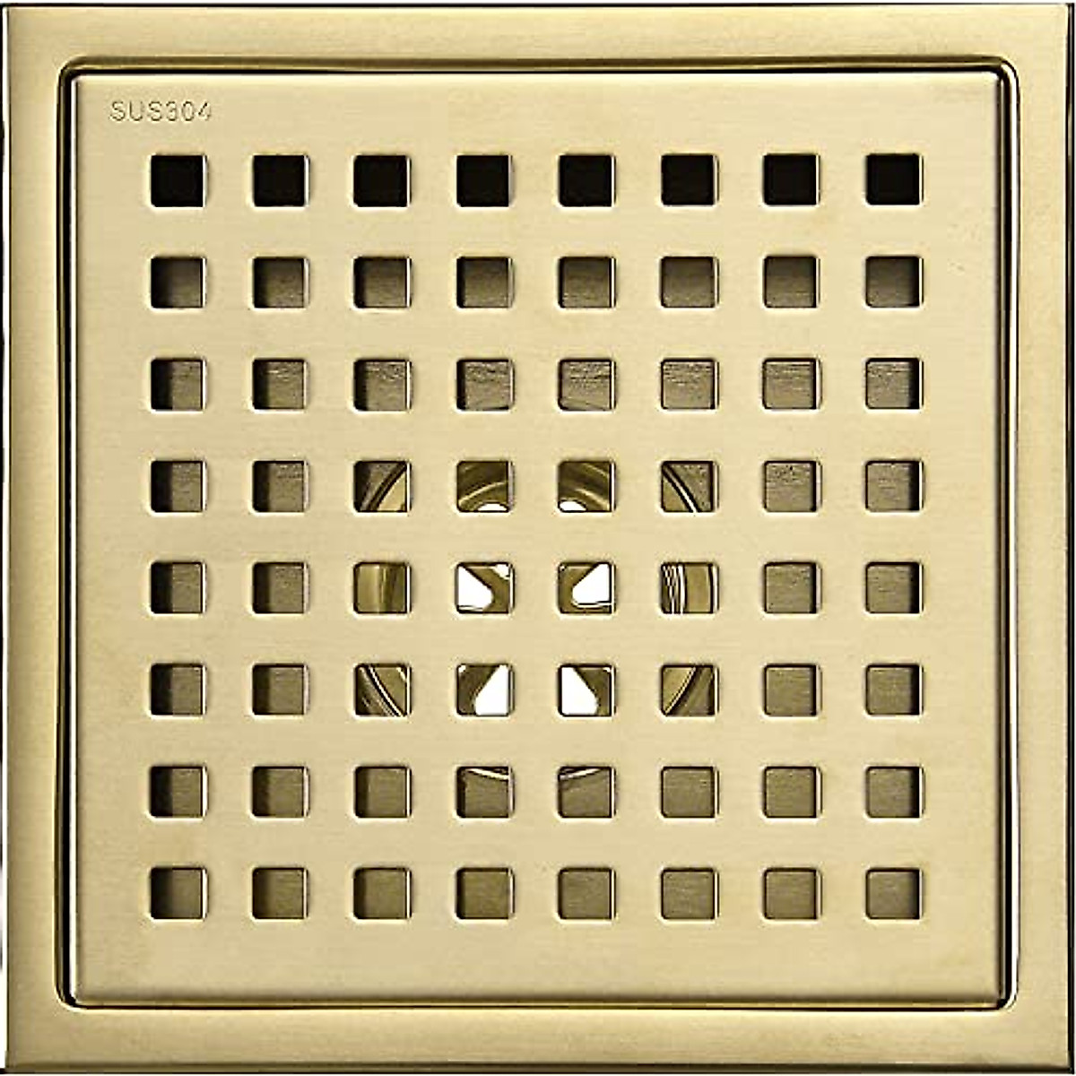 TRUSTMI 6 Inch Square Shower Floor Drain with Removable Grid Grate Cover, SUS 304 Stainless Steel,Brushed Gold
