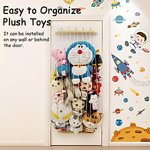 KSXLIUC Stuffed Animal Storage Wood Plush Toys Holder with Hooks, Length Adjustable Hanging Stuffed Animal Toy Organizer Shelf for Nursery Kid Room Play Room Bedroom