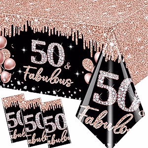 50th Birthday Tablecloth Decorations,3Pcs Rose Gold and Black Glitter Tablecloths for Women Set 50th Birthday Table Cover Rose Gold Table Cover for Women 50th Birthday Party Disposable Supplies
