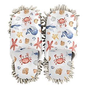 FLildon Microfiber Cleaning Slippers Cute Sea Animal Whale Washable Mop Shoes Slipper for Men/Women House Floor Dust Cleaner, Size L