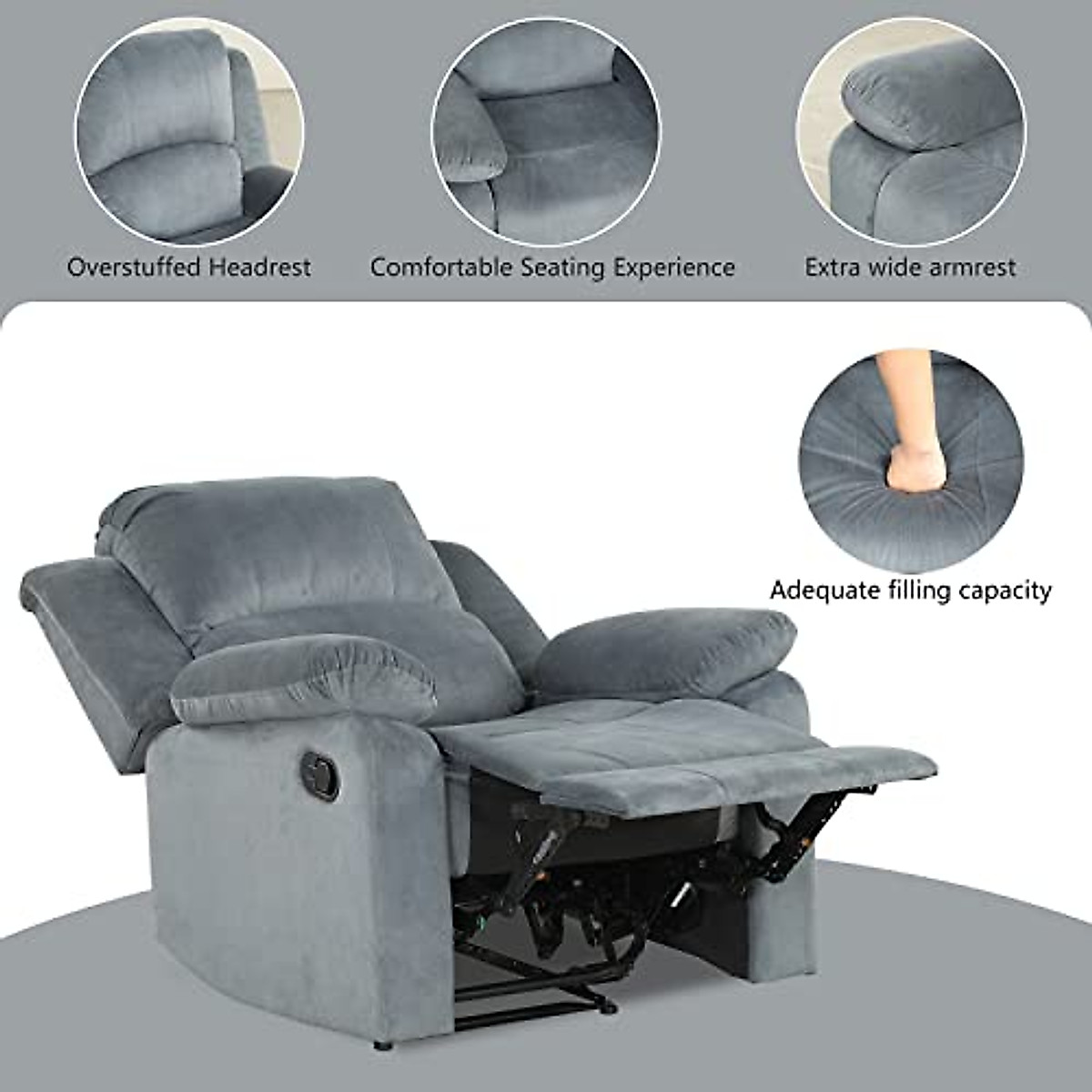 CANMOV Manual Recliner Chair, Soft Fabric Overstuffed Recliner Single Sofa Chair for Living Room, Heavy Duty and Safety Reclining Mechanism (Gray)