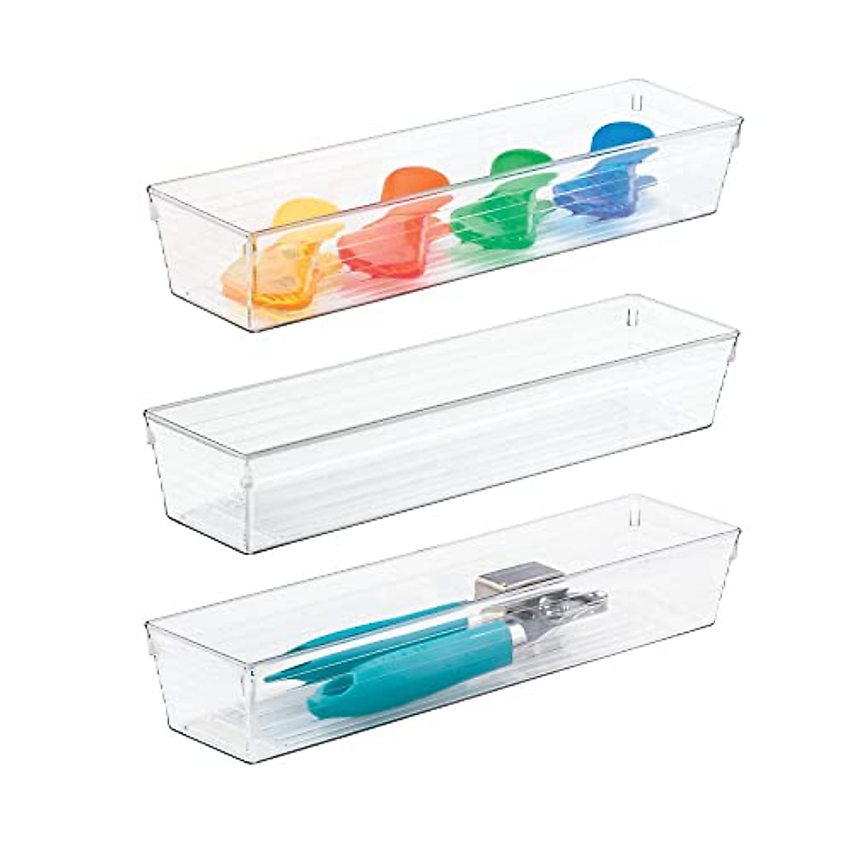 mDesign Plastic Kitchen Cabinet Drawer Organizer Tray - Storage Bin for Cutlery, Serving Spoons, Cooking Utensils, Gadgets - BPA Free, Food Safe, 12" Long, 3 Pack - Clear
