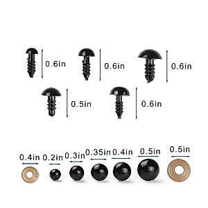 100PCS 6mm-12mm Solid Black Eyes with Washers, Sewing for DIY of Puppet, Plush Animal Making and Teddy Bear