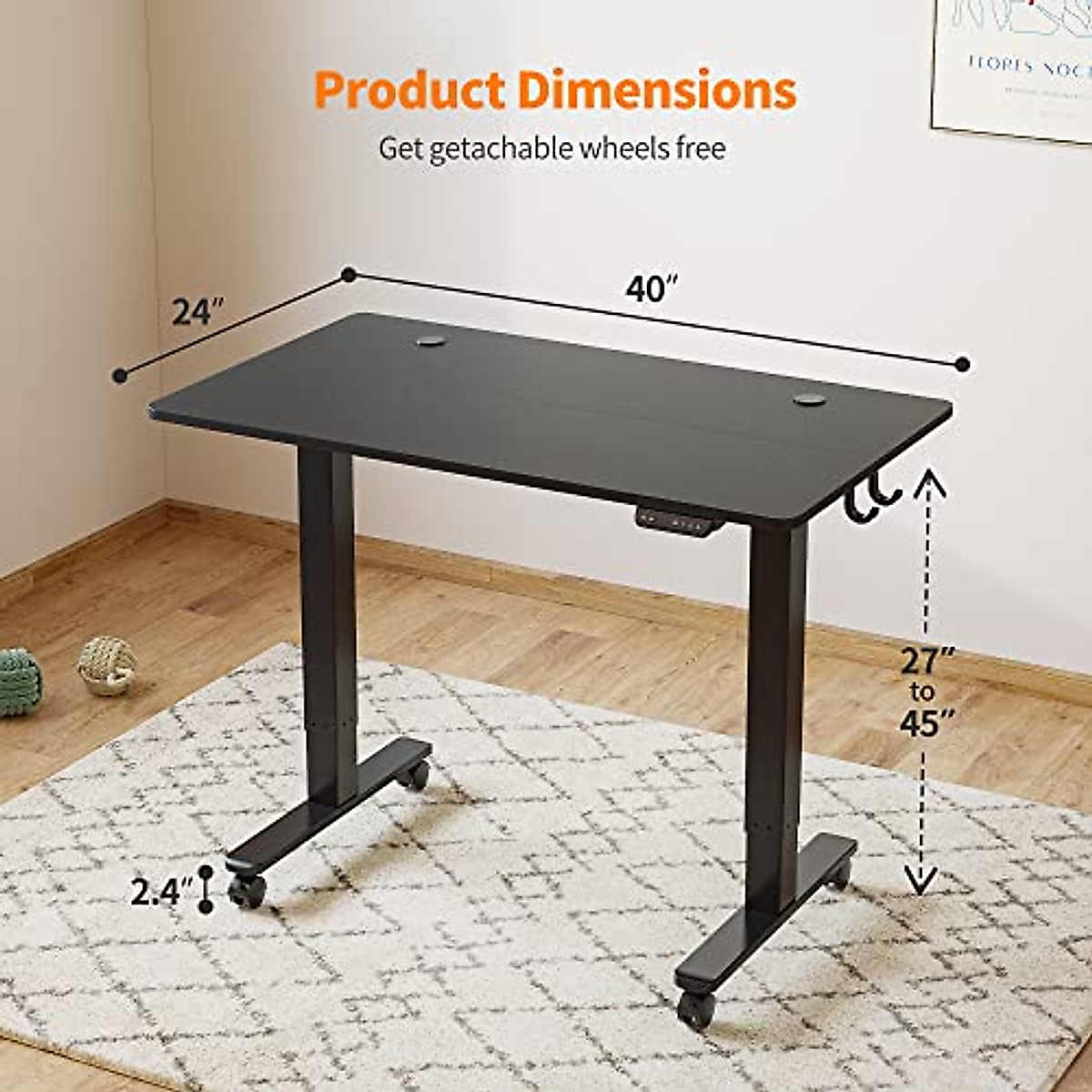 Cubiker 40 x 24 Inch Standing Desk, Stand up Height Adjustable Home Office Electric Table, Sit Stand Desk with Splice Board, Black Frame & Black Desktop