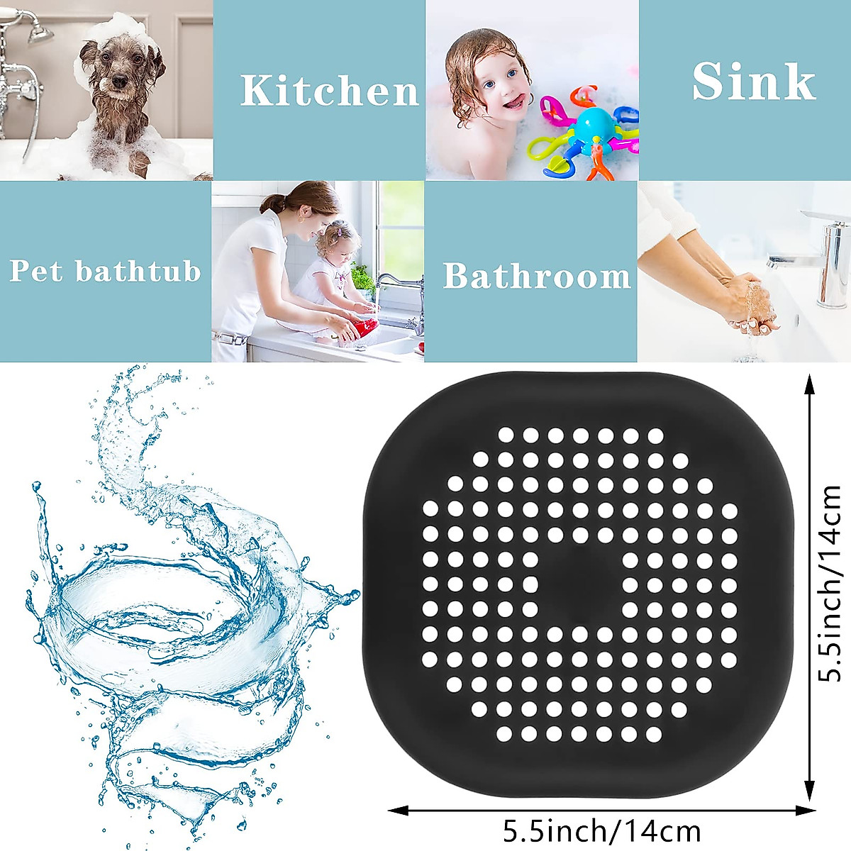 Shower Drain Hair Catcher, Durable Silicone Shower Drain Covers Hair Stopper with Suction Cup, Easy to Install Suit for Bathroom,Bathtub and Kitchen 3PACK (Black)