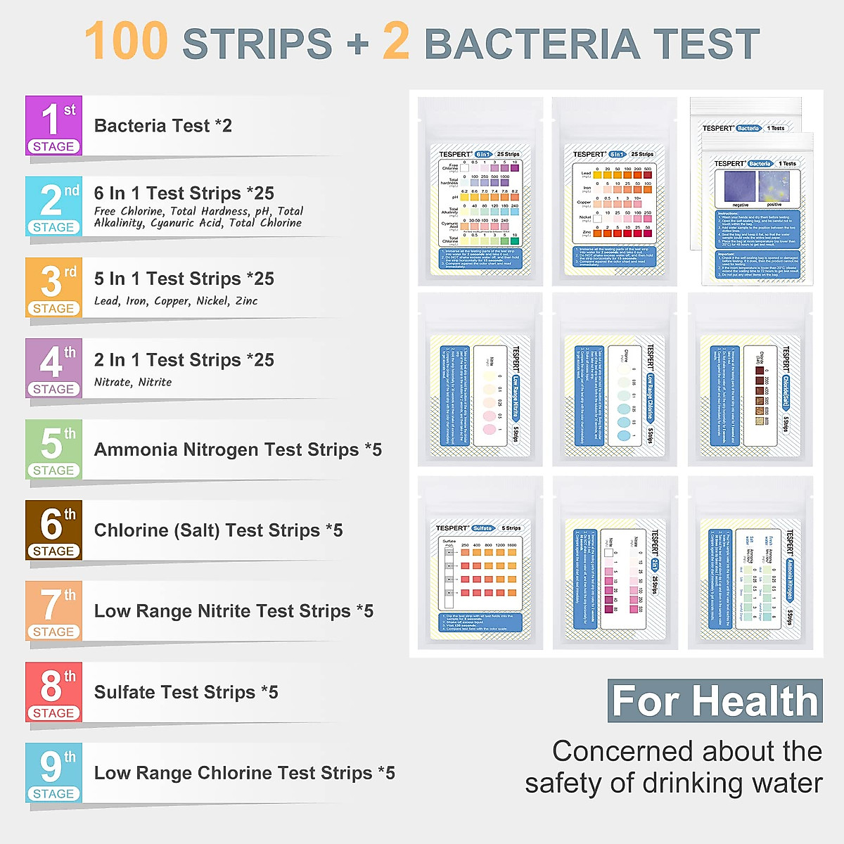 Water Testing Kits for Drinking Water: Drinking Water Test Kit - 2 Bacteria Tests + 100 Strips - Well and Tap Water - Quick & Accuracy Testing for Lead pH Hardness Iron Copper and More - TESPERT