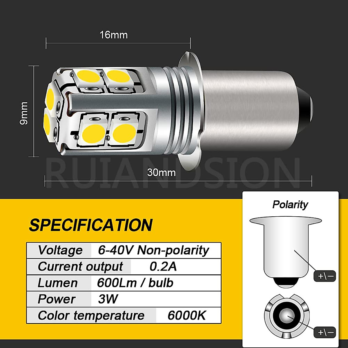 Ruiandsion Upgrade LED Flashlight Bulb 6-40 Volt P13.5S Base LED Bulb White 6V 9V 12V 18V 19.2V 24V Replacement for Flashlight Torch Lantern Work Lights,Non-Polarity