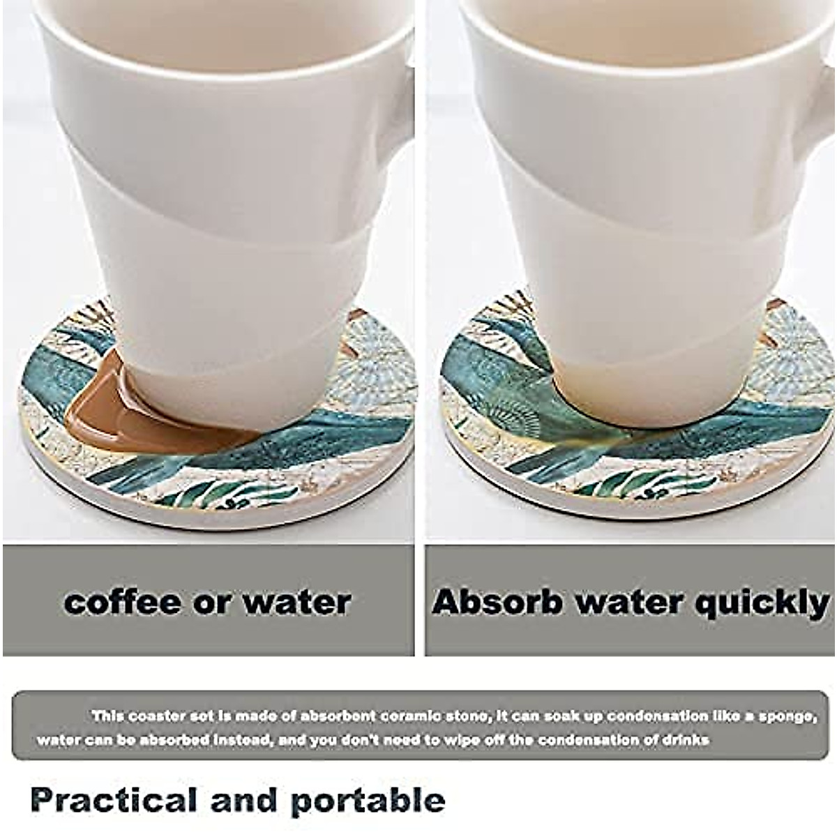 Coasters for Drinks, Absorbent Coaster Sets of 6 with Holder, Ocean Themed Ceramic Coaster Set with Cork Base, Whale,Universal Size,Suitable for Most Scenes Such as Office, Kitchen