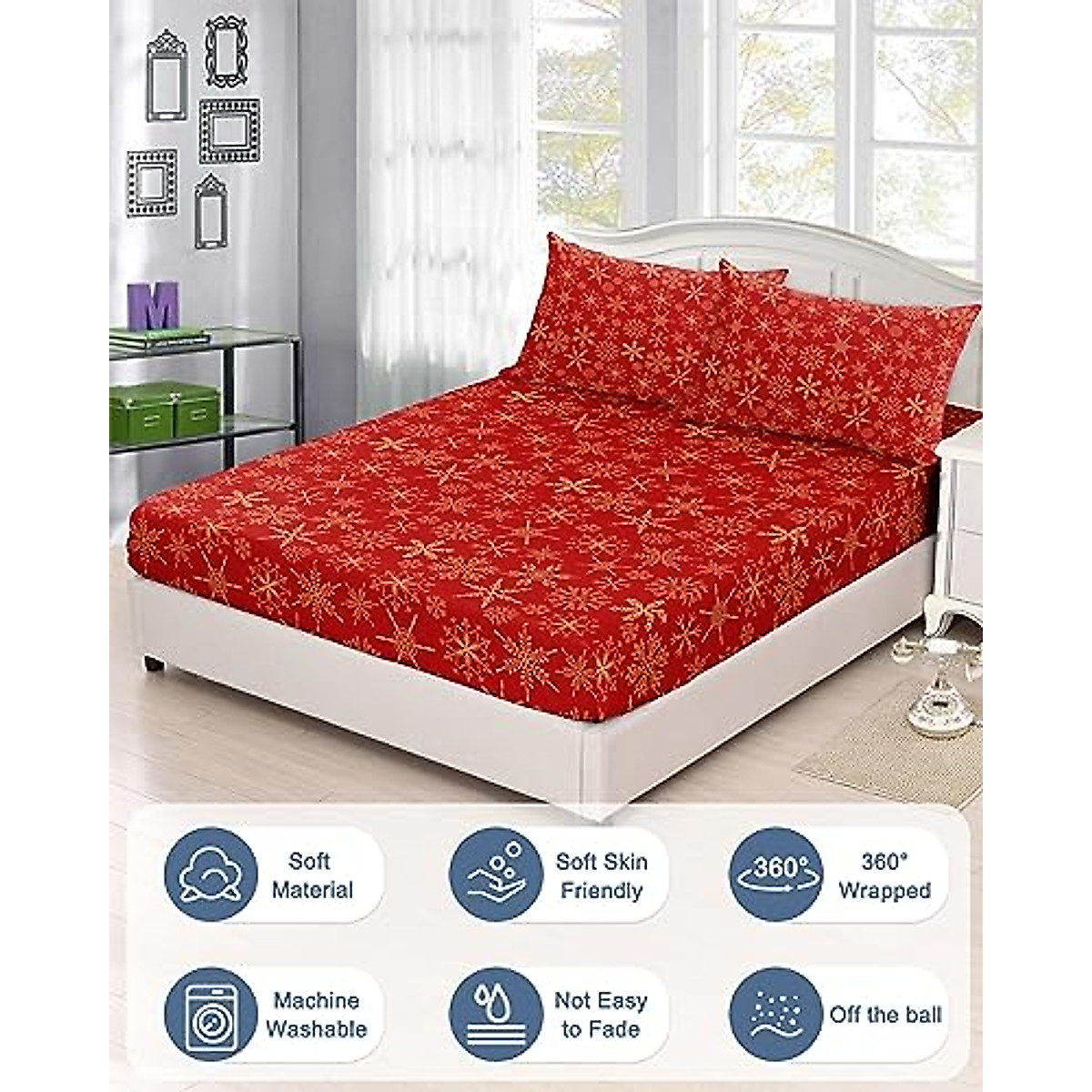 Full Size Fitted Sheet Bed Set Winter Christmas Gold Snowflake Deep Pocket Soft Bottom Sheets&Pillowcases for Bedroom Decor Seamless Snow on Red,Fits Mattress Up to 16" Deep