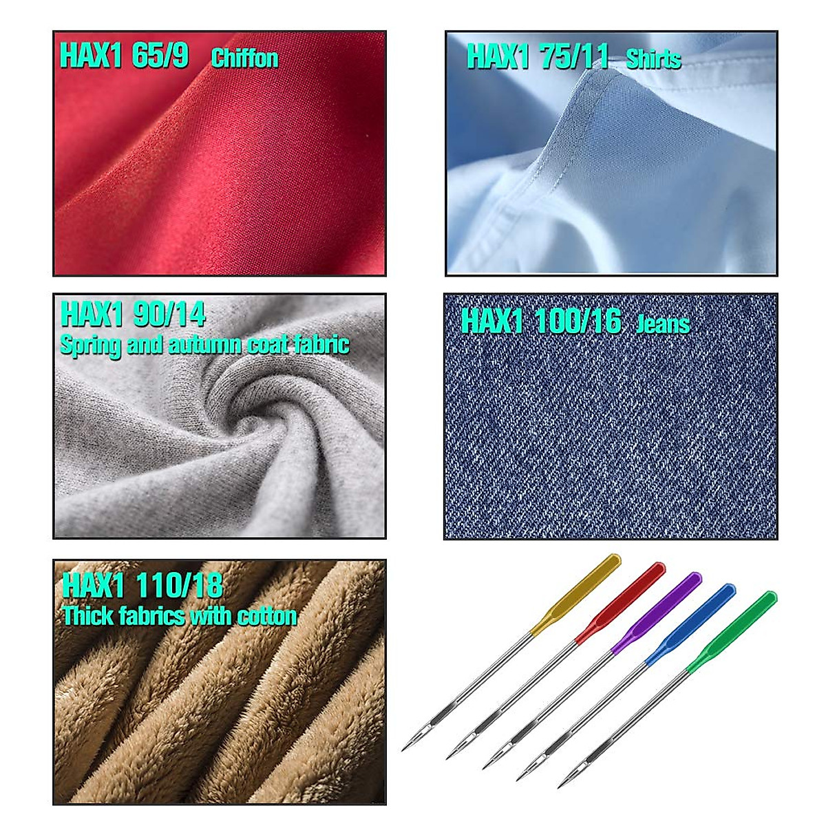 Amytalk 50PCS Sewing Machine Needles Universal Regular Point Machine Needles Compatible for Singer, Brother, Janome, Varmax with Size in 65/9, 75/11, 90/14, 100/16, 110/18 (5 Colors)