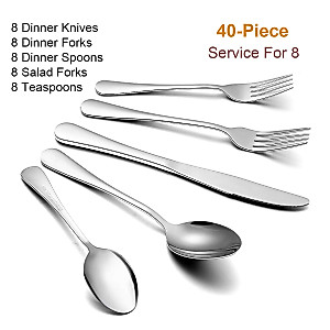 40-Piece Silverware Set, Wildone Stainless Steel Flatware Cutlery Set Service for 8, Modern Tableware Utensils Set for Home and Restaurant, Mirror Finish, Dishwasher Safe