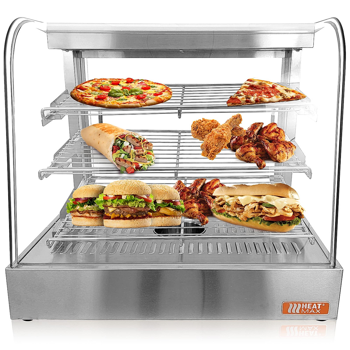 HeatMax 251823 Commercial Electric Stainless & Curved Glass Food Warmer Display Case for Pizza, Chicken, Burgers, Patties, Empanadas or any Hot Food