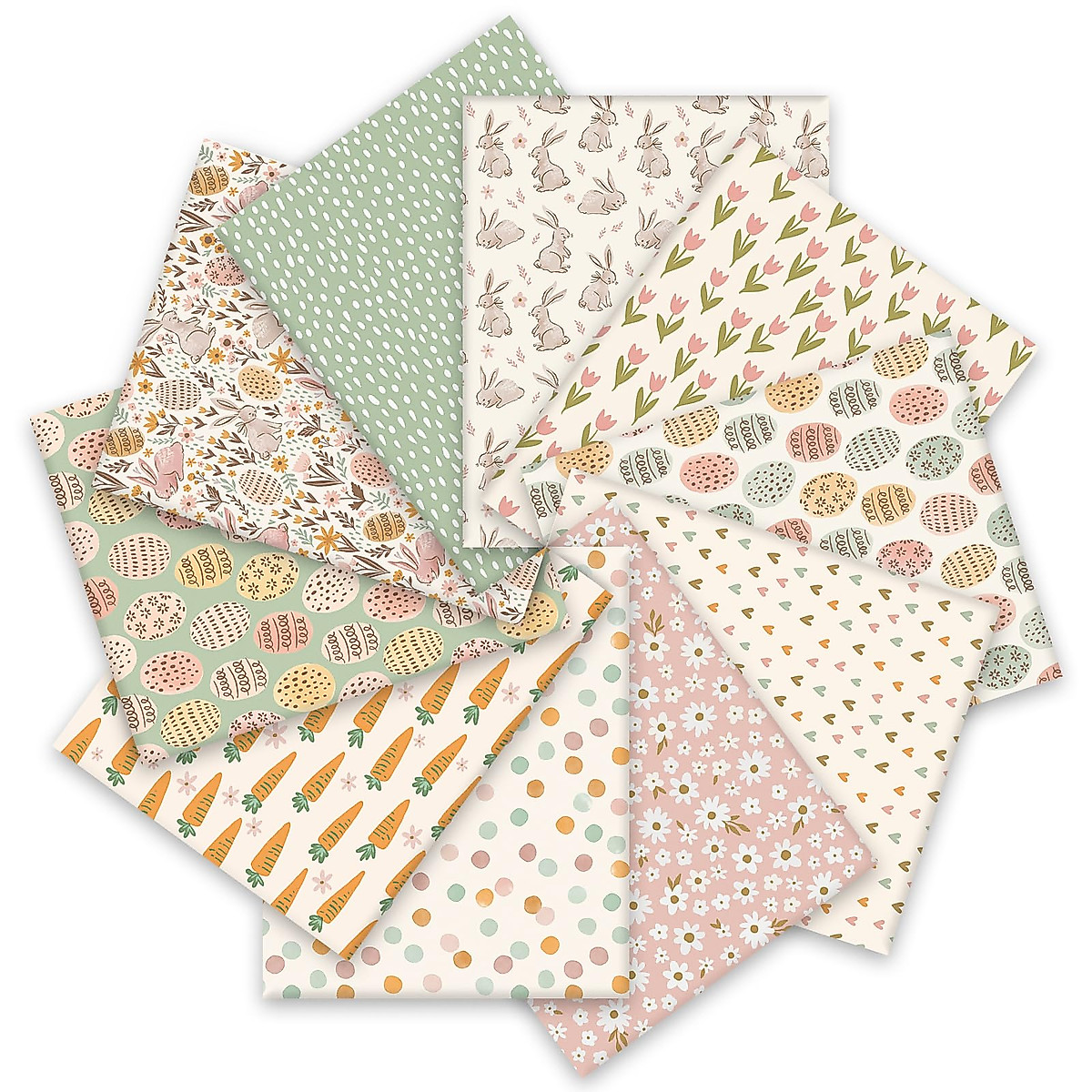 Whaline 10Pcs Easter Cotton Fabric Bundles Easter Bunny Egg Carrot Flower Fat Quarters Pastel Easter Spring Quilting Patchwork for DIY Handmade Craft Party Decor, 18 x 22 Inch