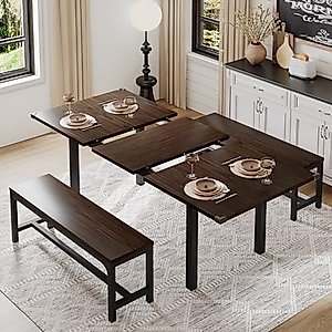 iPormis 3 Pcs 63" Dining Table for 4-6, Extendable Dining Room Table with 2 Benches, Mid Century-Modern Kitchen Table Set for Small Space, Easy Clean, Espresso