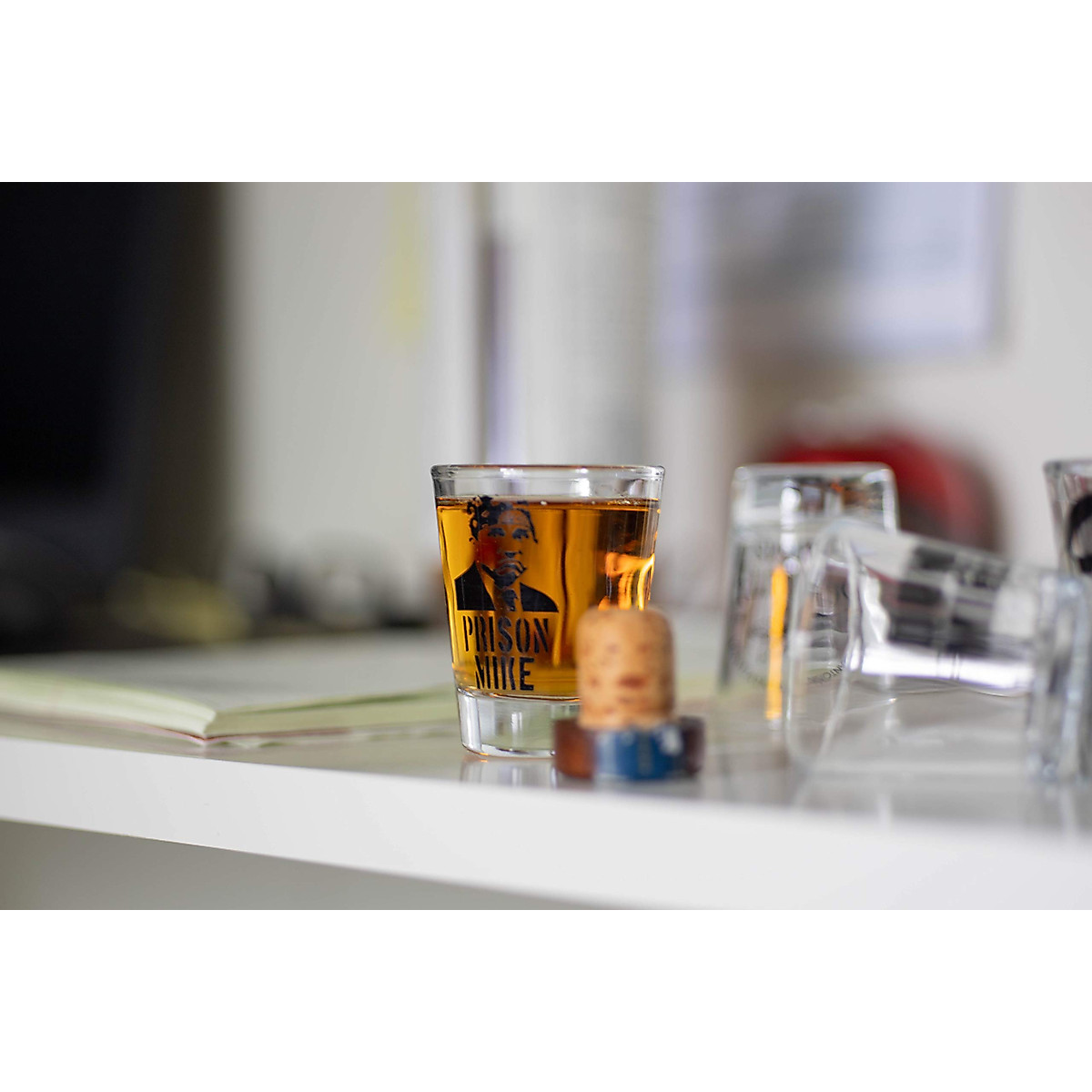 The Office 4 Piece Shot Glass Set (Dunder Mifflin, Prison Mike, Schrute Farms, and Bears, Beets, Battlestar Galactica))