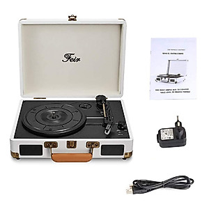 Vinyl Record Player Bluetooth with Speakers 3 Speed Portable Turntable Suitcase Built in 2 Speakers RCA Line Out AUX Headphone Jack PC Recorder-White