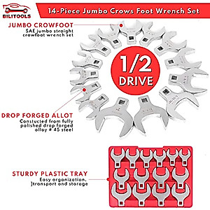 BILITOOLS 14-Piece Jumbo Crows Foot Wrench Set, 1/2" Drive Big Crowfoot Wrench, SAE, 1-1/16" - 2" mm, CR-V Steel