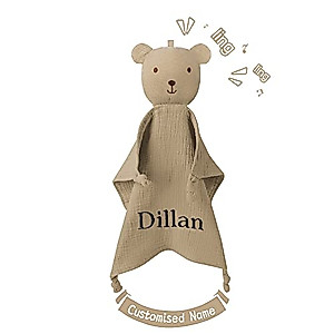 TYRY.HU Personalized Security Blanket with Name, Embroidered Baby Comforter, Organic Cotton Muslin Lovey Security Blanket, Soft & Breathable Lovie Baby Gifts for Boys and Girls, Bear(Brown)